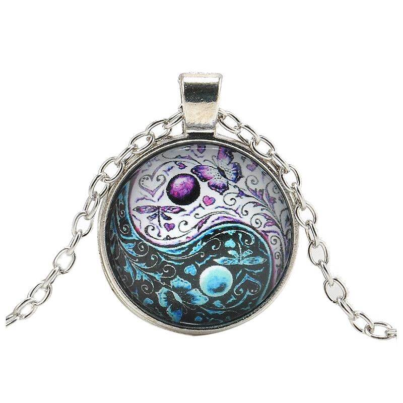 Vintage Ying Yang Butterfly Cabochon Glass Pendant Silver Chain ...
