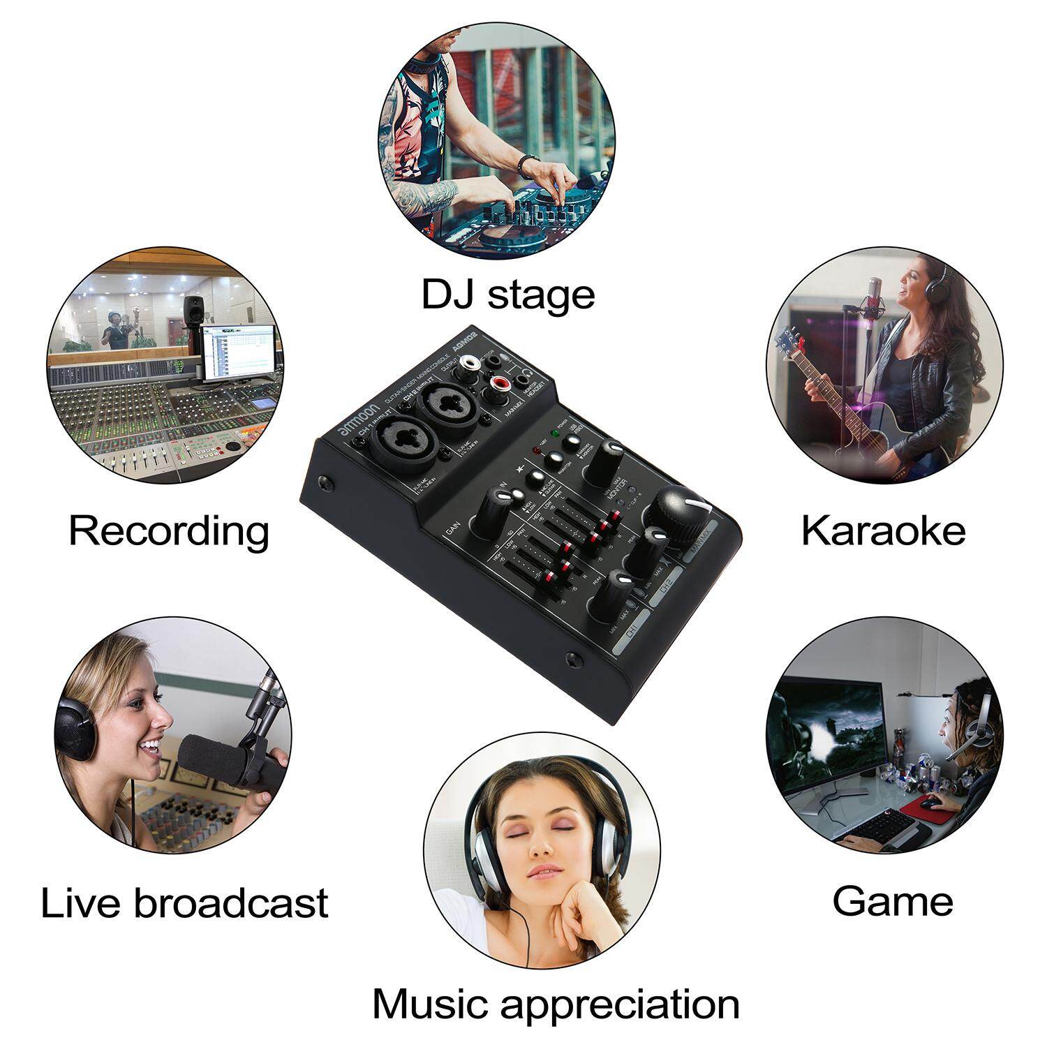 Ammoon AGM02 Mini 2-Channel การ์ดเสียงคอนโซลผสมเครื่องผสมเสียงดิจิทัล2 ...