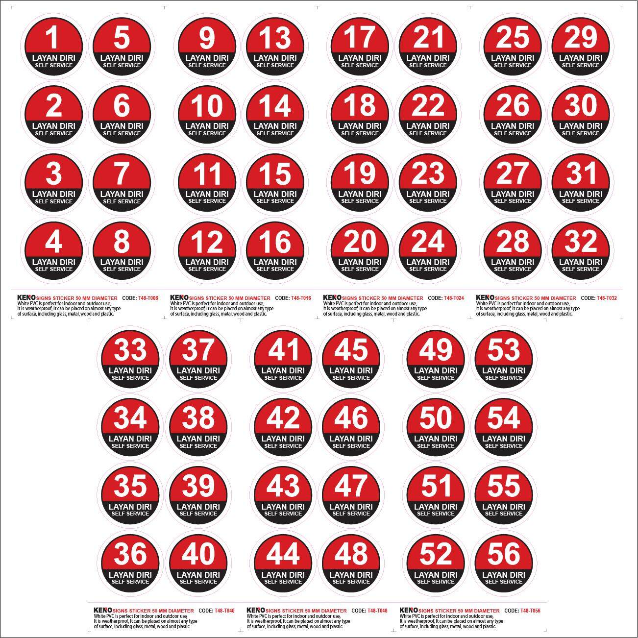 TABLE NUMBERS WITH SELF SERVICE, LAYAN DIRI SIGNS, NUMBER FROM 1 TO 56 ...