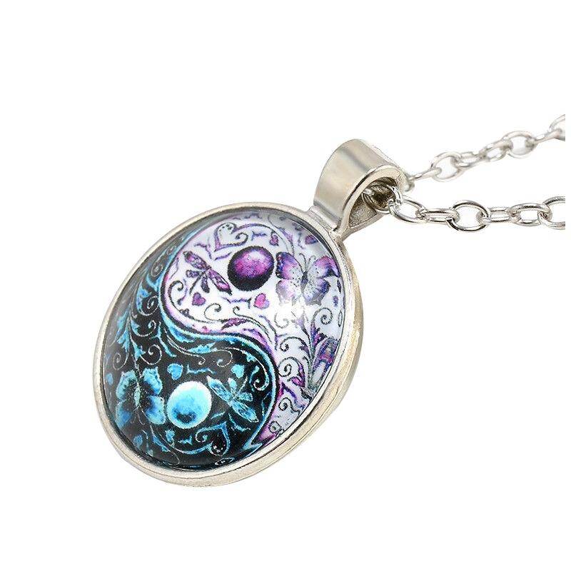 Vintage Ying Yang Butterfly Cabochon Glass Pendant Silver Chain ...