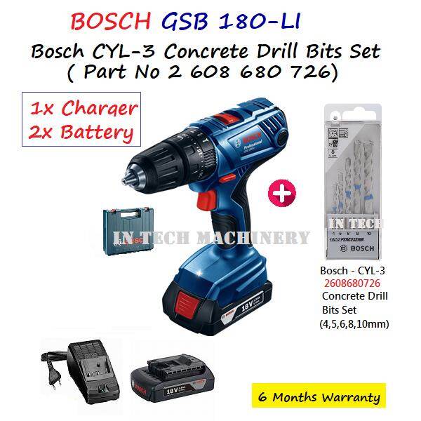 BOSCH GSB180-LI CORDLESS IMPACT DRILL+CYL-3 5PCS CONCRETE DRILL BIT SET ...