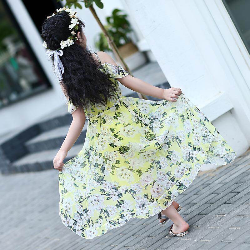 ชุดเดรสสำหรับสาวฤดูร้อนชีฟองเสื้อโบฮีเมียนชุดเด็กพิมพ์ชายหาดหญิงสาว ...