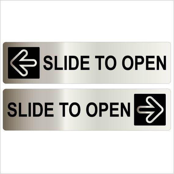 SLIDE TO OPEN WITH ARROW SIGN STICKER, (SILVER BRUSHED STICKER) 2'S ...