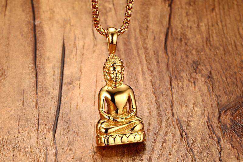 Men's Stainless Steel Buddha Pendant Necklace 18K Gold Plated Chain ...