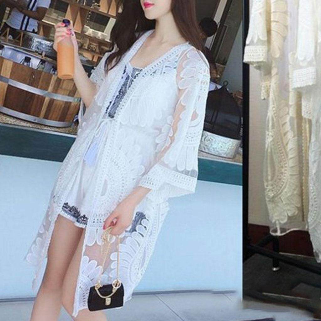 Women Beach Cover Up Floral Embroidery Bikini Swimwear Robe Cardigan ...