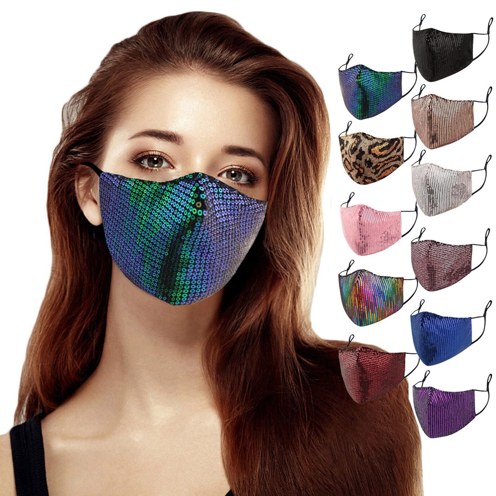 11PC Women Sequins Cotton Mask Washable Breathable Mask Festival Mask ...