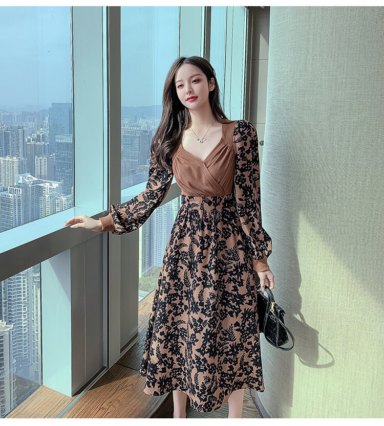 YIGE 2021 autumn new women's knitted stitching chiffon floral long ...