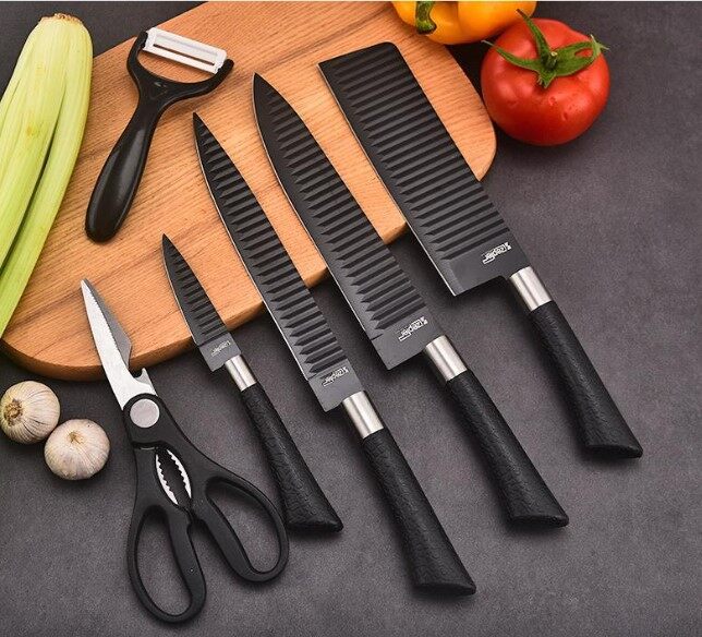Black patterned six-piece knife set, kitchen knife set, gift knife box ...