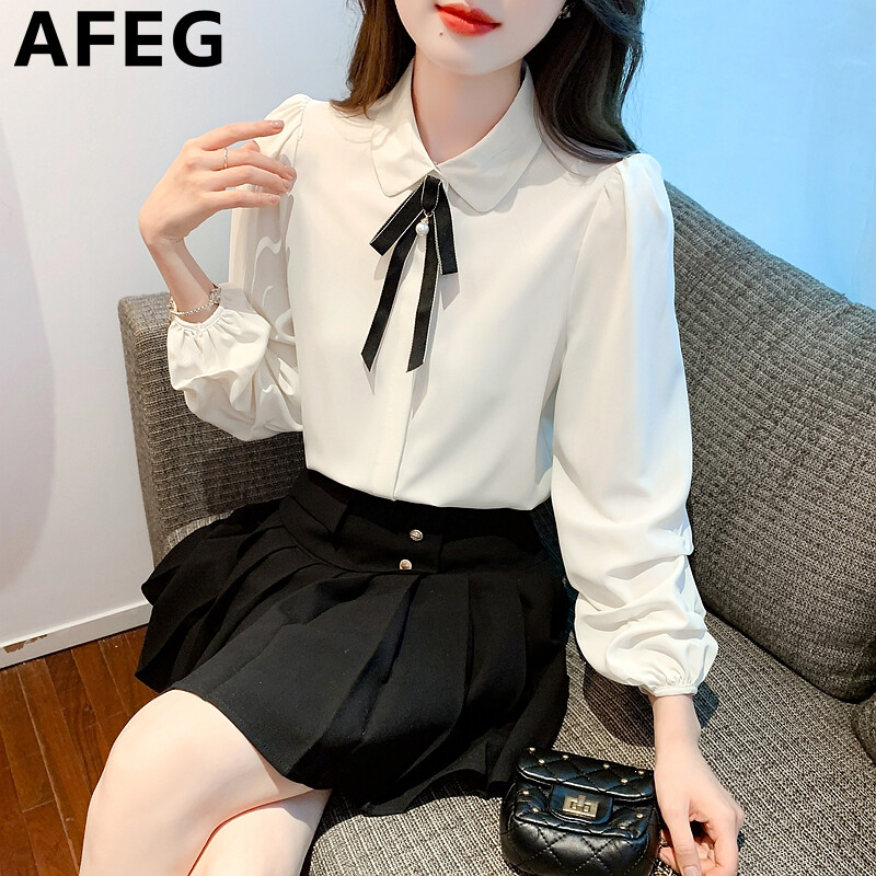 AFEG สีทึบเกาหลีคอตุ๊กตาโบว์แฟชั่นหลวมอเนกประสงค์ชีฟองเสื้อแขนยาวสำหรับ ...