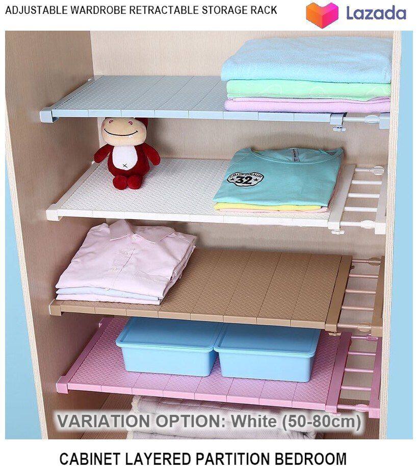 Adjustable wardrobe retractable storage rack cabinet layered partition ...
