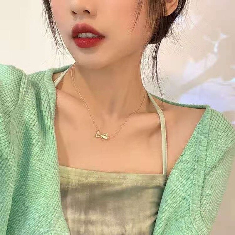 We Flower Ins Chic 14K Gold Shell Butterfly Crystal Bow Pendant Necklace for Women Girls Fashion ...