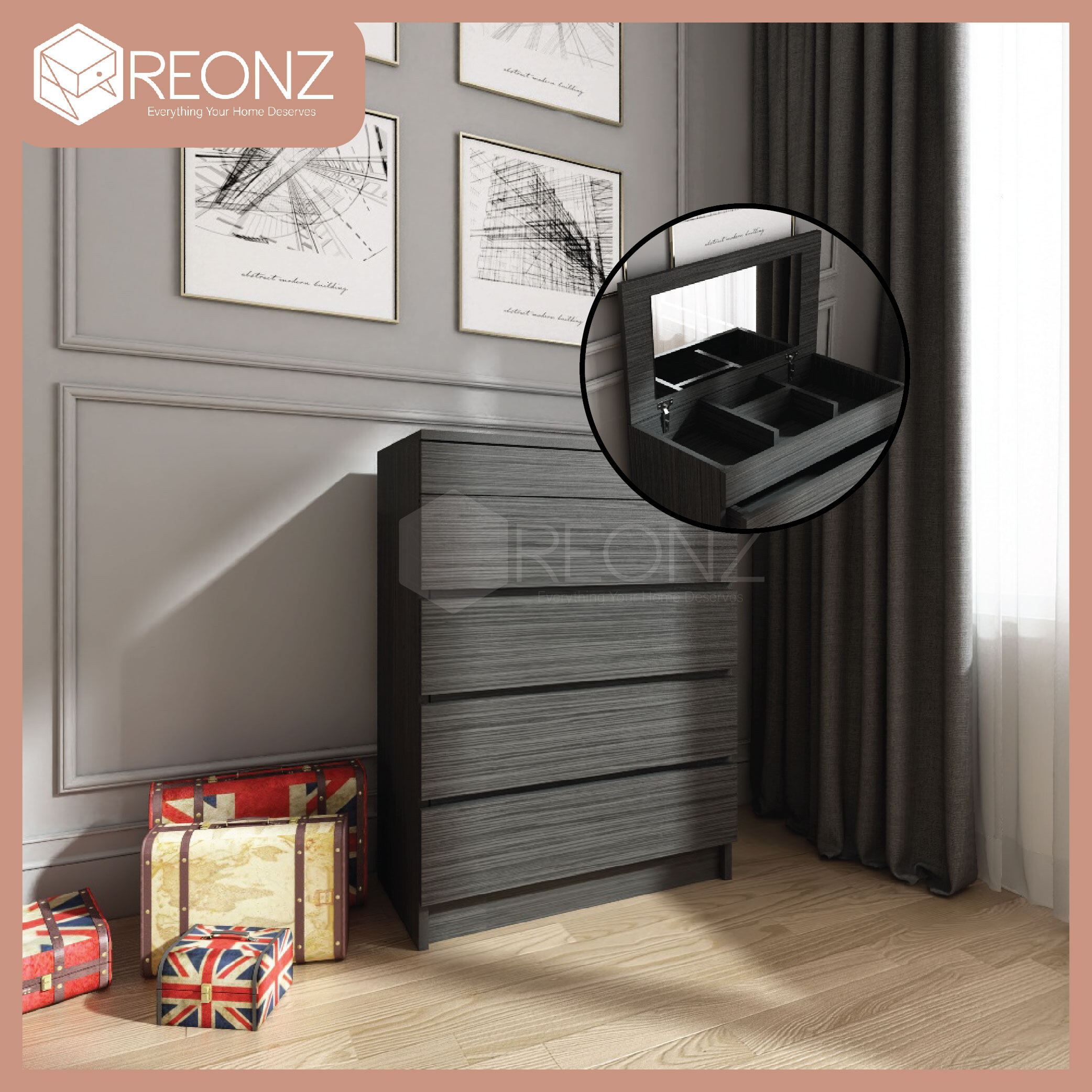 REONZ Chest Drawer Cabinet Big Size Open Mirror wardrobe 4 layers chest ...