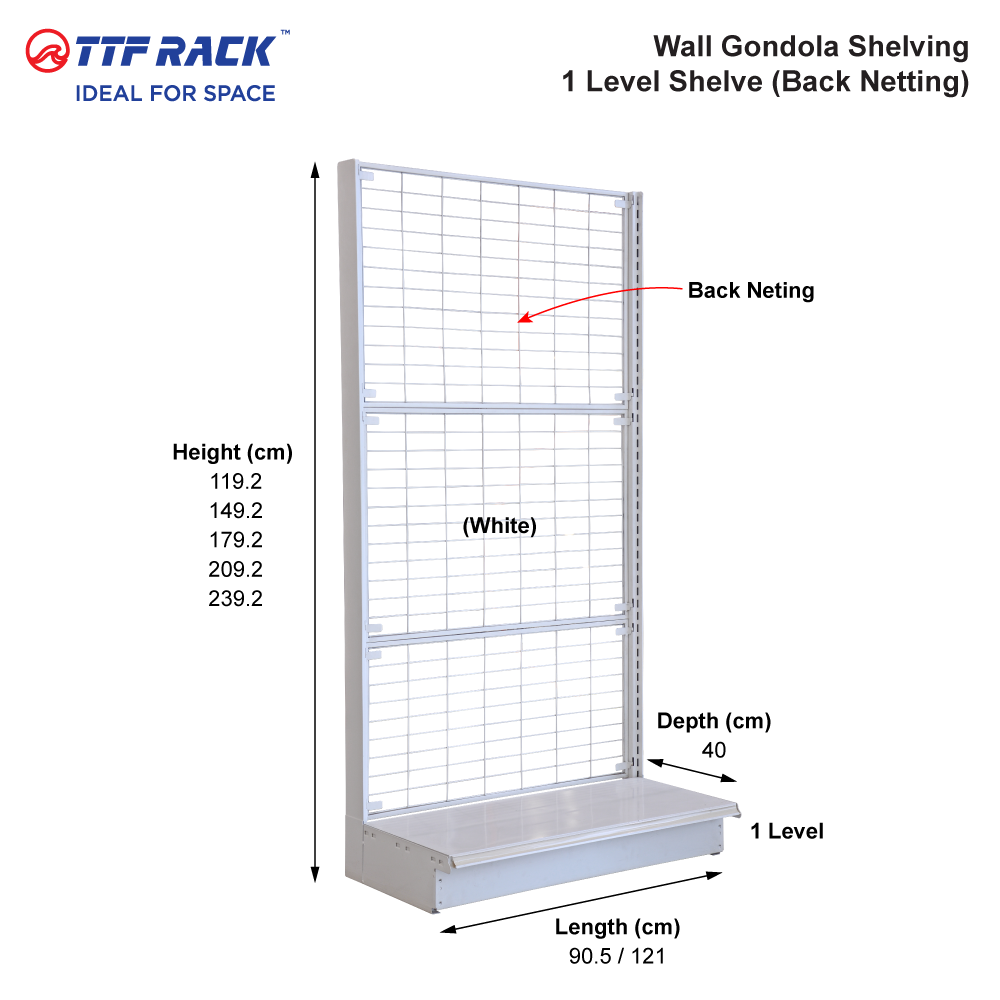 TTF Rack™ (WALL GONDOLA 1 LEVEL) Wall Gondola Back Netting with BOTTOM ...