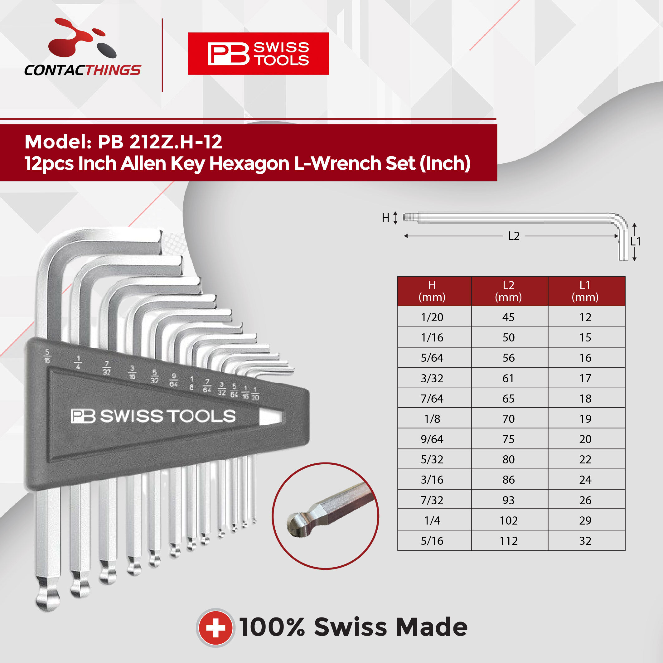 PB SWISS TOOLS 12pcs Inch Allen Key Hexagon L-Wrench Set (Inch) PB 212Z.H-12 | Lazada