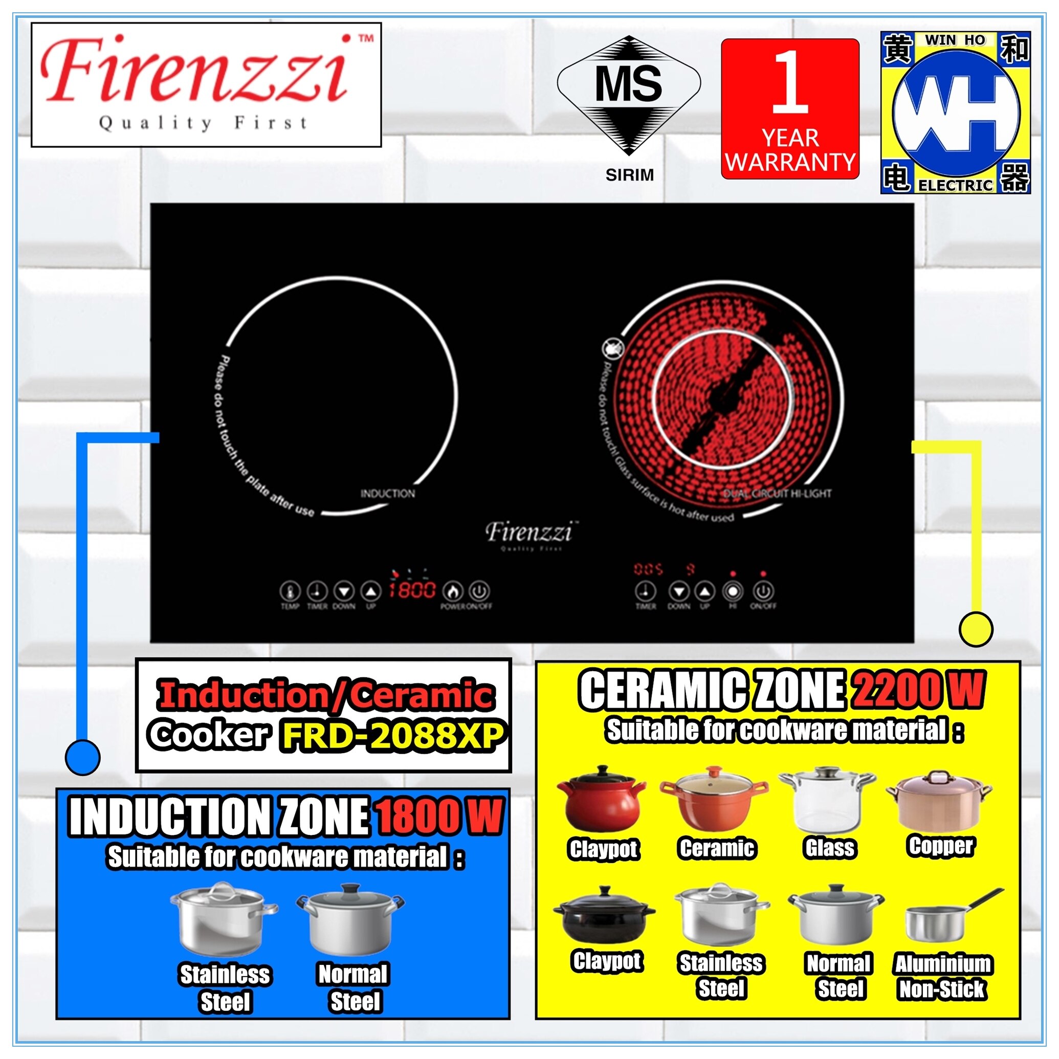 (FIRENZZI AUTHORIZED DEALER) Firenzzi FRD-2088 XP Ceramic (2200W) +Induction (1800W) Black ...