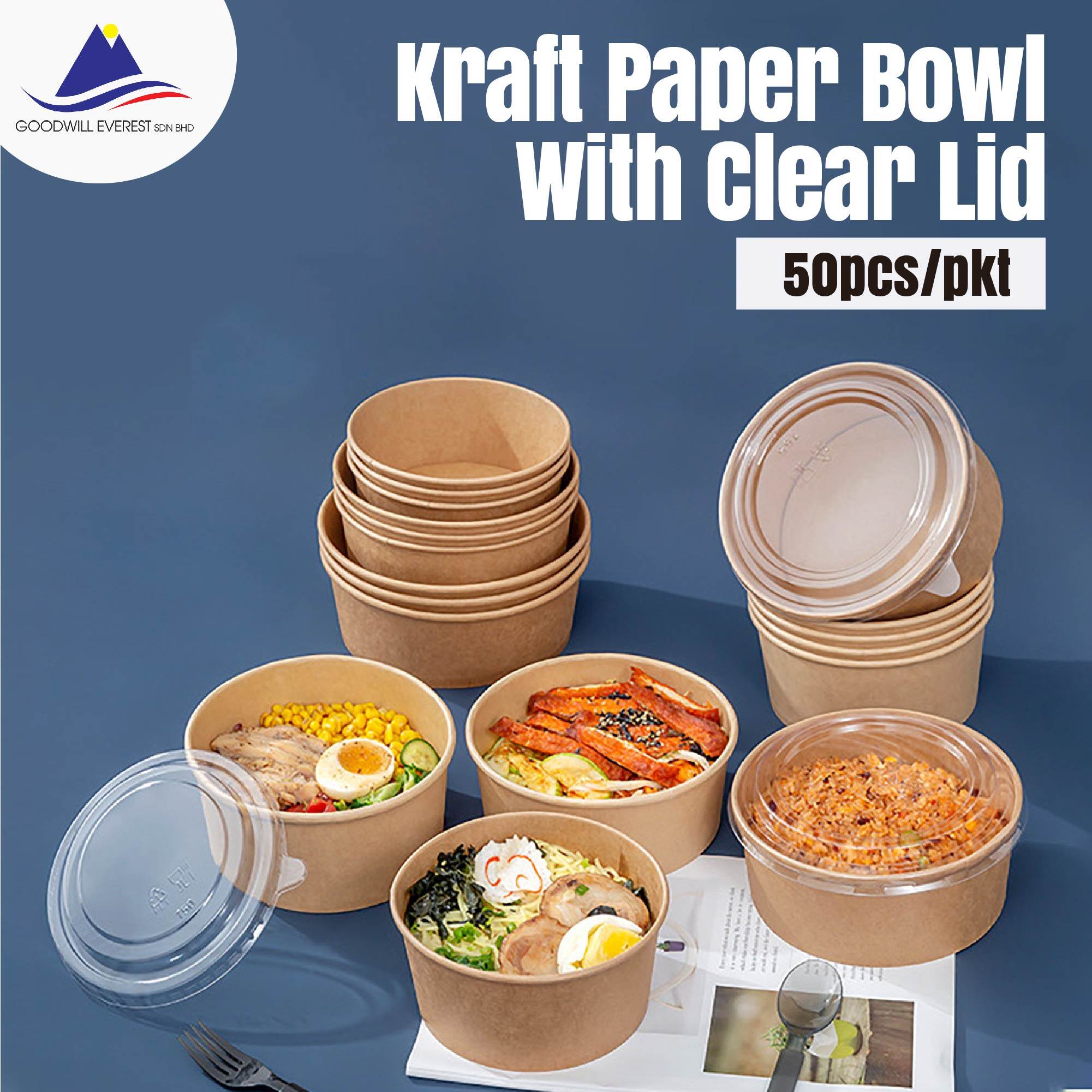 (50pcs±) Kraft Paper Bowl with Clear Lid / Plastic Lid / Salad bowl ...