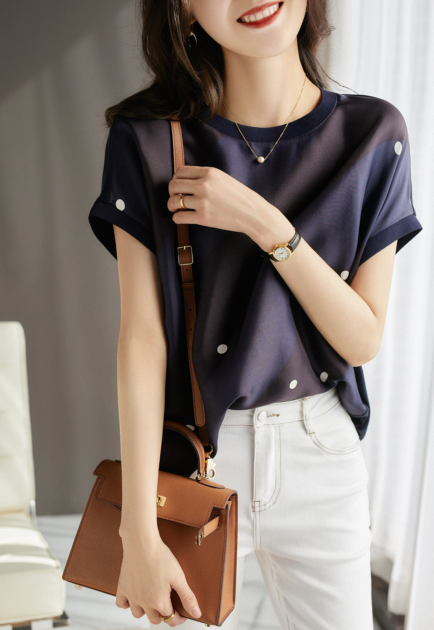 Misumixiu Temperament Blouse For Women Blue French Polka Dot Round Neck