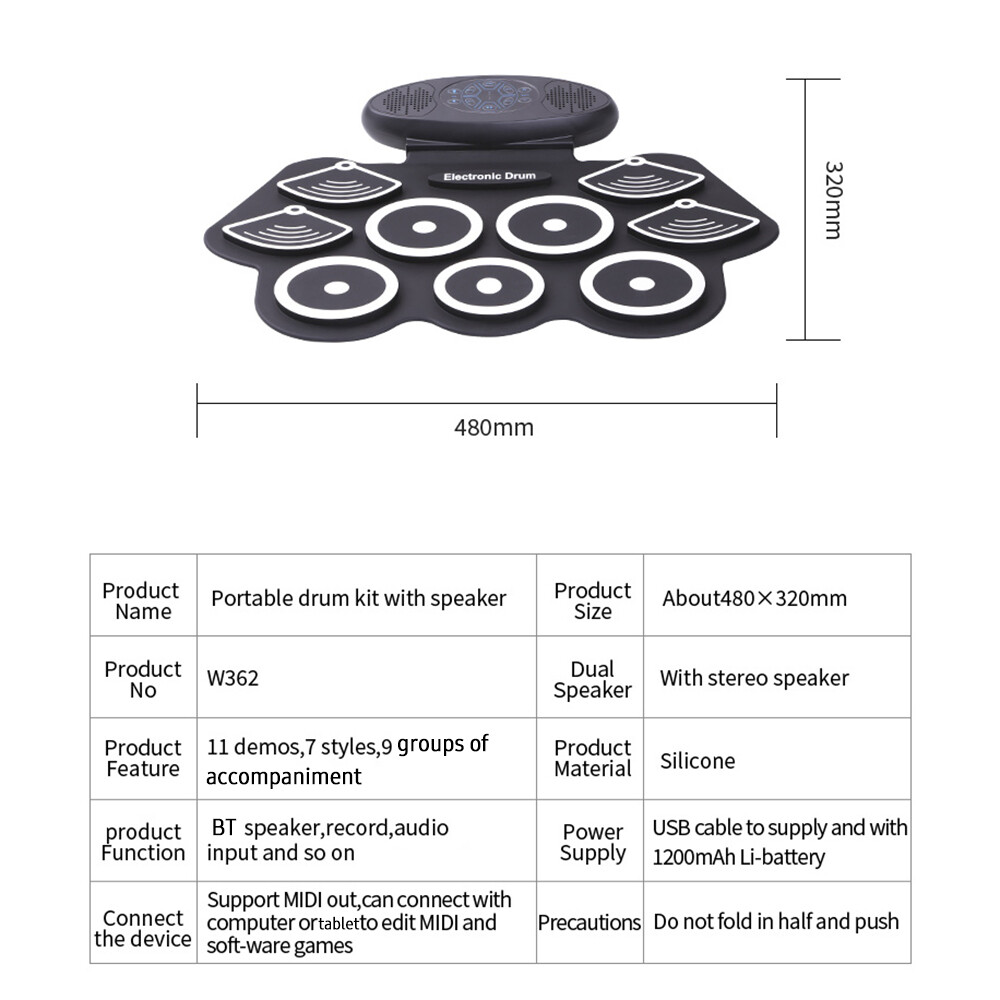 Portable 9 Pads Electronic Drum Set Roll Up Silicone Practice Drum Pad ...