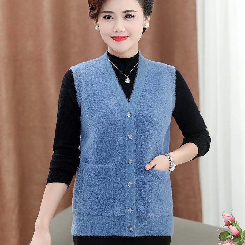 ชุด Qiu Dong แม่หญิงวัยกลางคนและเก่าเลียนแบบขนมิงค์เสื้อคาร์ดิแกนถัก ...