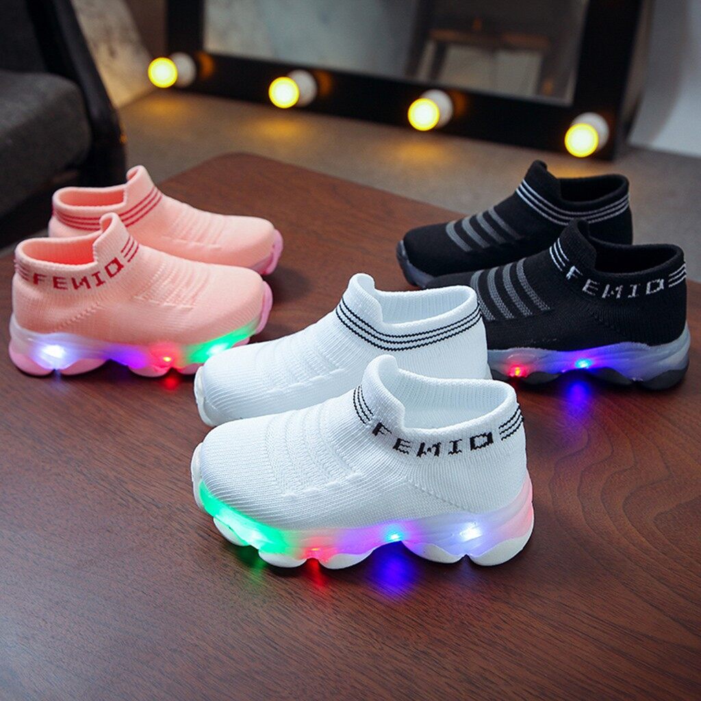 Kids Sneakers Children Baby Girls Boys Letter Mesh Led Luminous Socks ...