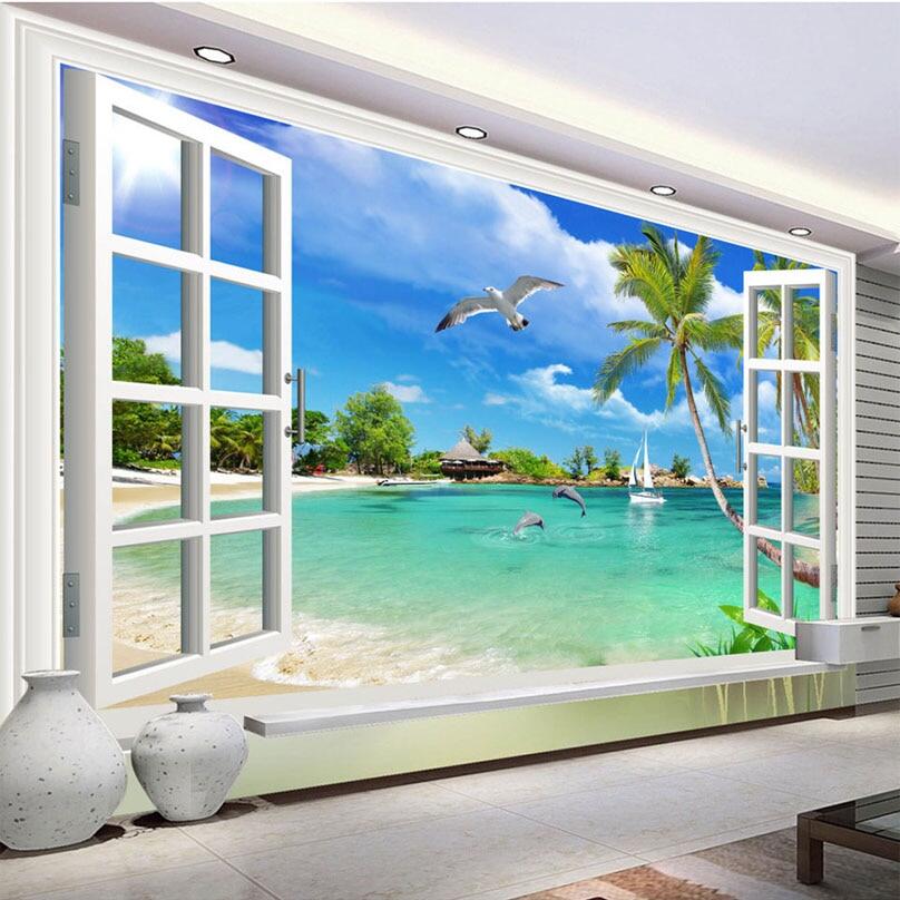 Self adhesive custom 3d Window Beach sea view natural landscape scenery ...