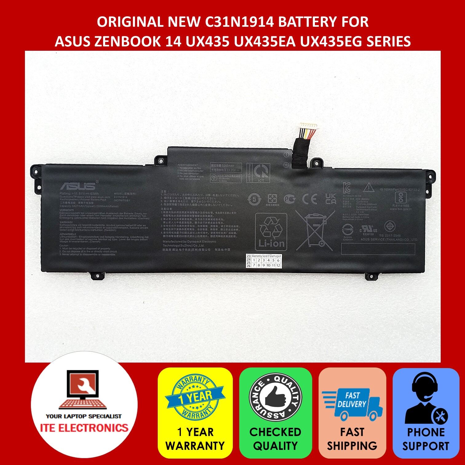ORIGINAL ASUS ZENBOOK 14 UX435 UX435EA UX435EG SERIES BATTERY C31N1914 ...