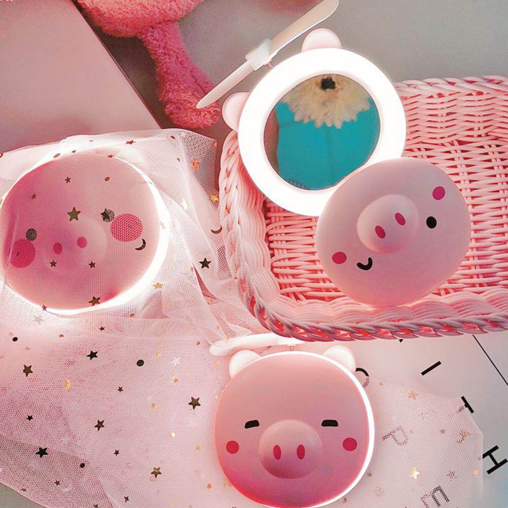 gorgeously Cartoon Pig Portable LED Fill Light Makeup Mirror Fan USB ...