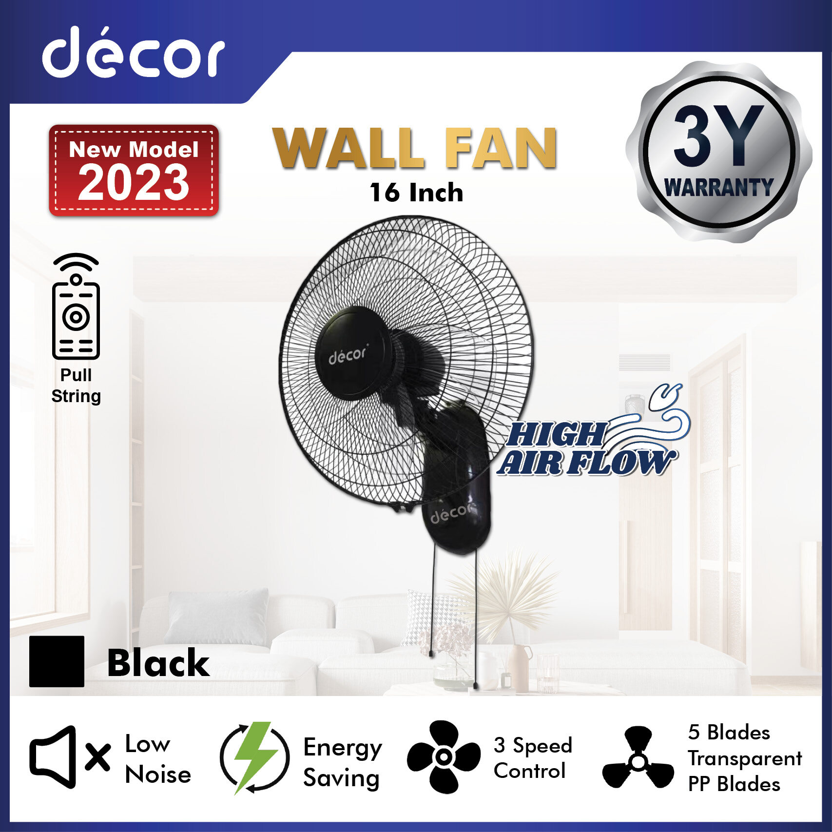 Wall Fan 16inch 3 Blades 5 Blades W55R 3 Speed 55W Oscillation Powerful ...
