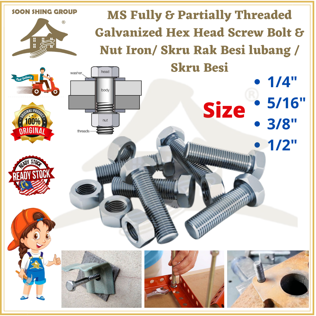 1/4" 5/16" 3/8" 1/2" MS Partially Threaded Galvanized Hex Head Screw Bolt & Nut Iron/ Skru Rak ...