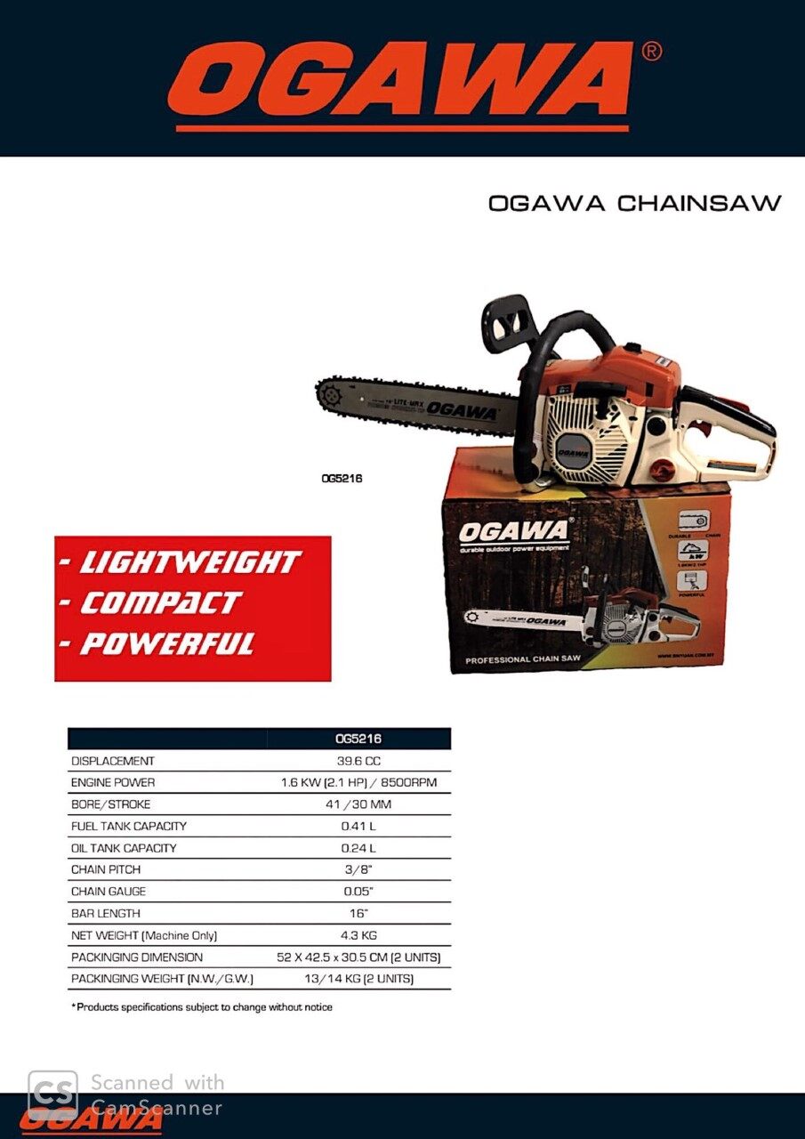 OGAWA CHAINSAW 16INCH OG5216 (LIGHTWEIGHT AND HEAVY DUTY)(MESIN TEBANG) | Lazada