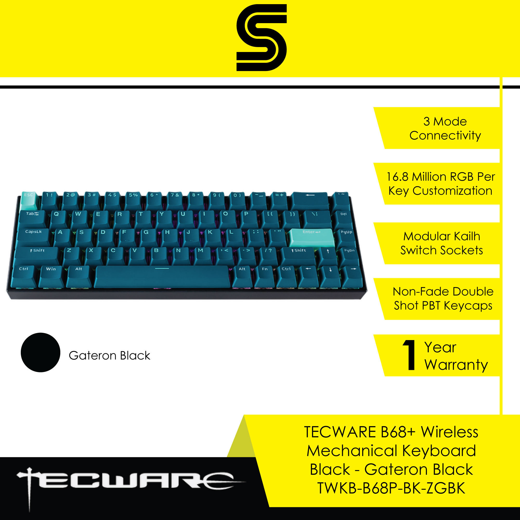 TECWARE B68+ Wireless Mechanical Keyboard - Black/White - Gateron Brown ...