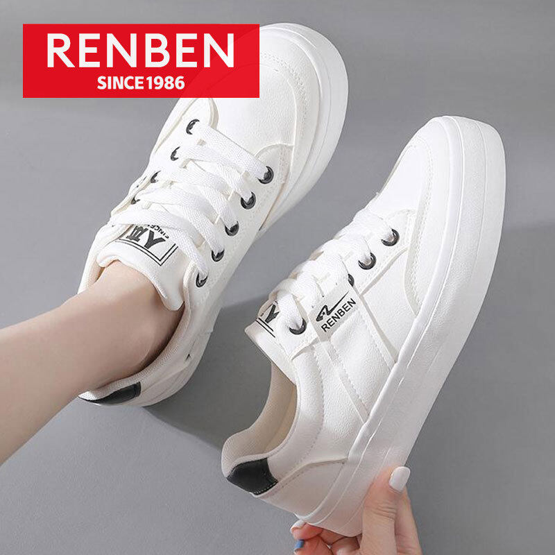 RENBEN รองเท้าสีขาวขนาดเล็กของผู้หญิง2022ใหม่สไตล์ฮ่องกงหนังสบายๆกีฬารองเท้าผ้าใบหนา Soled ที่ ...
