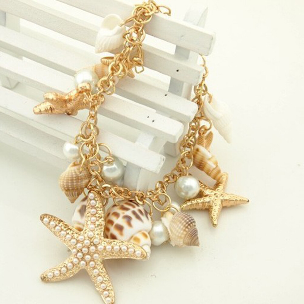 POH Jewelry Women Ocean Sea Shell Starfish Faux Pearl Pendant Bracelet ...