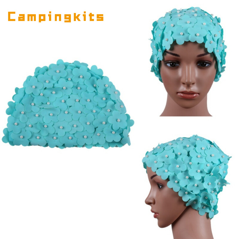 Handmade Swimming Cap Women Pearl Sewed Floral Elastic Breathable Quick ...