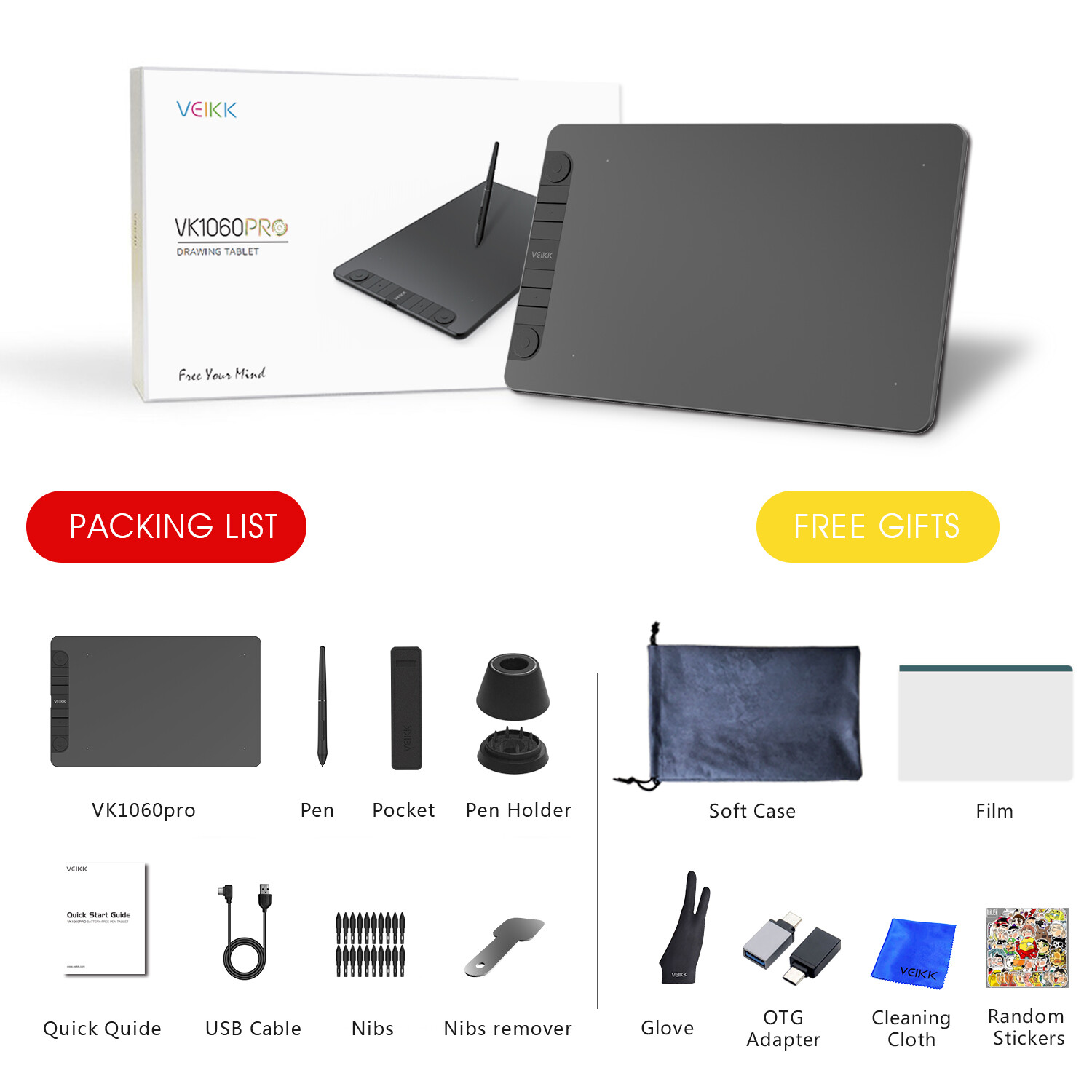VEIKK VK1060PRO 10x6 inch Graphic Tablet Digital Drawing Pad Double ...