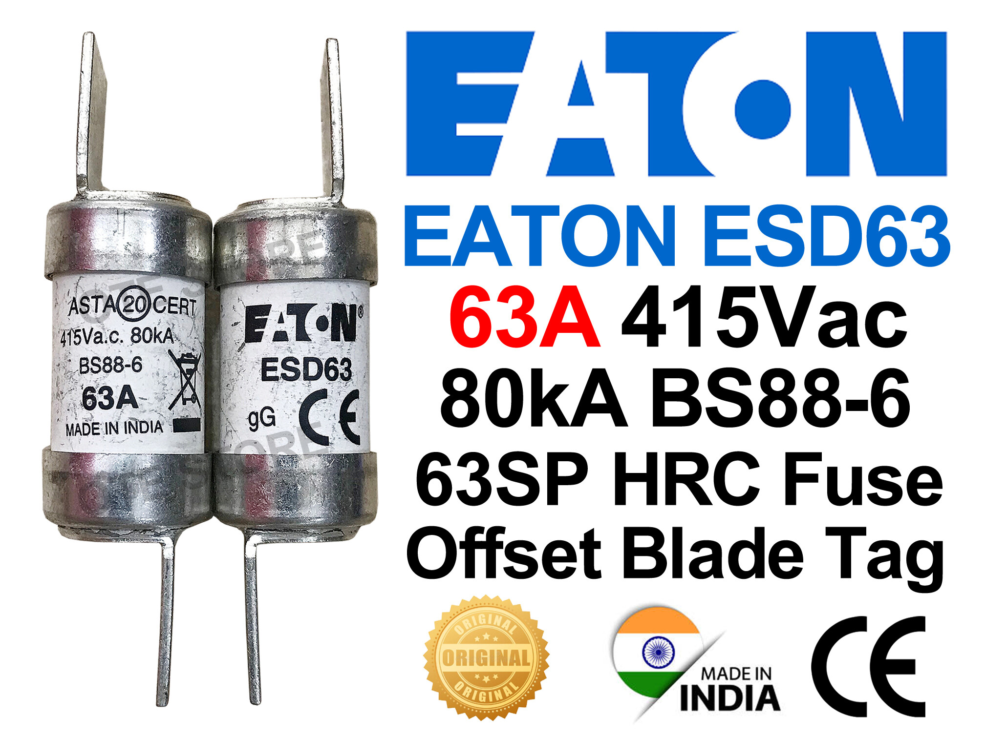 EATON ESD63 63A 415VAC 80kA 63SP HRC Fuse Offset Blade Tag (Made in ...