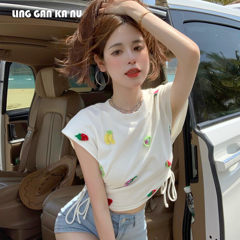 LING GAN KA NU เสื้อครอปไอจี 2022 ฤดูร้อนใหม่เกาหลีแฟชั่นผู้หญิงเย็บปัก ...
