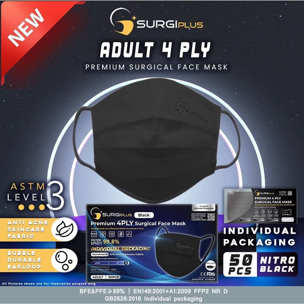 SurgiPlus Premium Surgical Face Mask 4 Ply ASTM Lvl 3/EN Type II-R ...