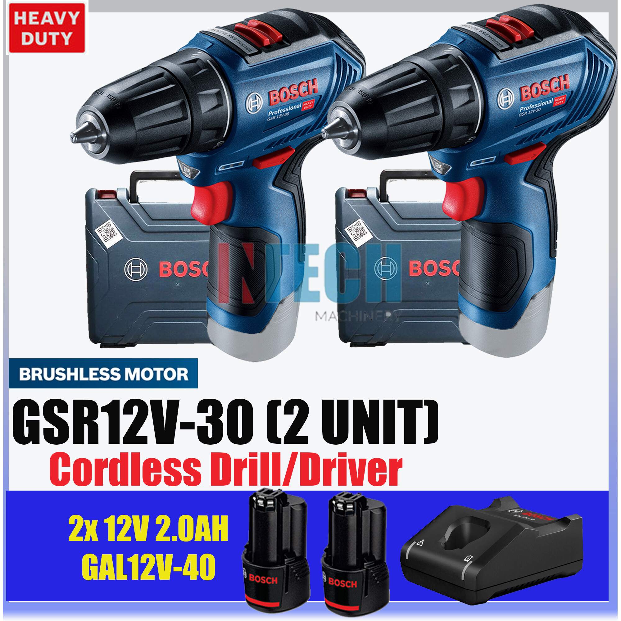 BOSCH (BRUSHLESS MOTOR) GSR12V-30 CORDLESS DRILL/DRIVER (2 UNIT) C/W 2x ...