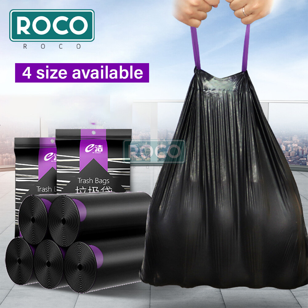 [4 SIZES] ROCO Drawstring Disposable Garbage Bag Strong Plastic Waste ...