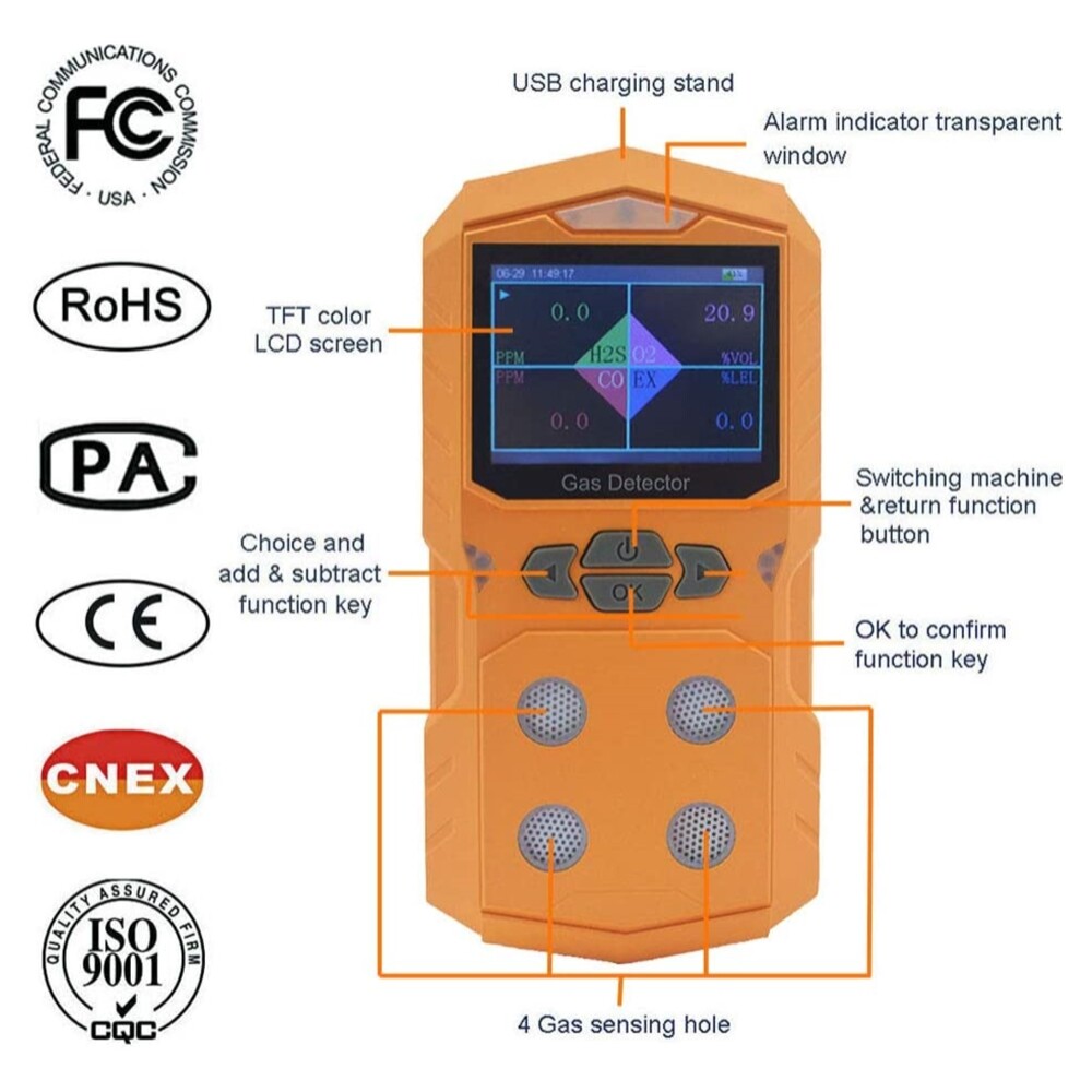 4 Gas Detector Portable Multi Gas Monitor Color Display with Graphing ...