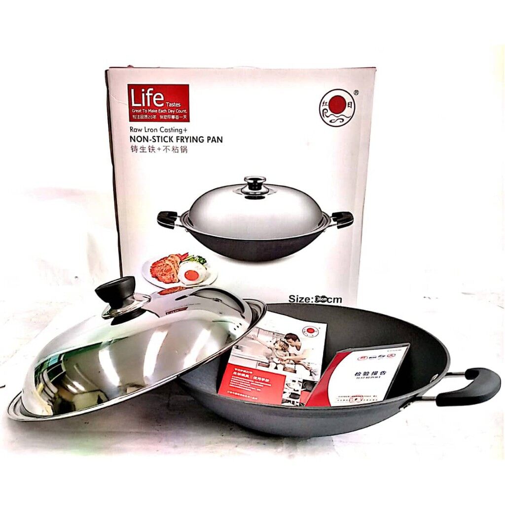 2 Handle Cast iron Wok/ Non-stick Wok With Steel Cover/Traditional Cast ...