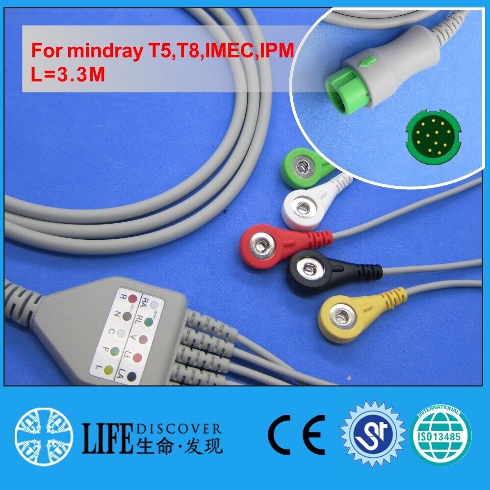 One Piece ECG Cable With 5 Snap Lead Wires For Mindray T5,T8,IMEC,IPM ...