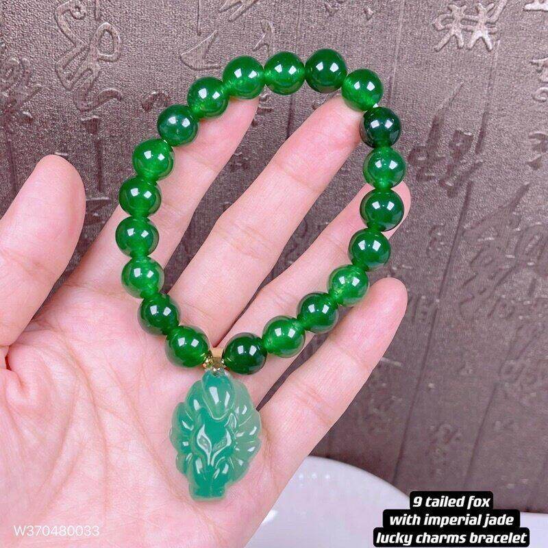 2Pcs Original Jade Nine Tailed Fox Lucky Charm Bracelet & Green Jade ...
