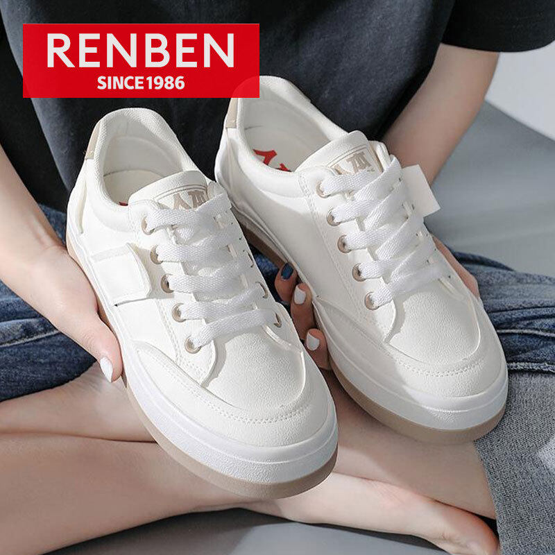 RENBEN รองเท้าสีขาวขนาดเล็กของผู้หญิง2022ใหม่สไตล์ฮ่องกงหนังสบายๆกีฬารองเท้าผ้าใบหนา Soled ที่ ...