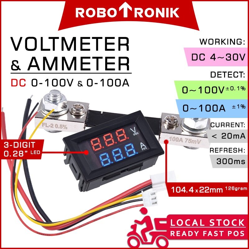 Digital Voltmeter / Ammeter Panel Meter 0-100V 10A 100A 30V, Shunt ...