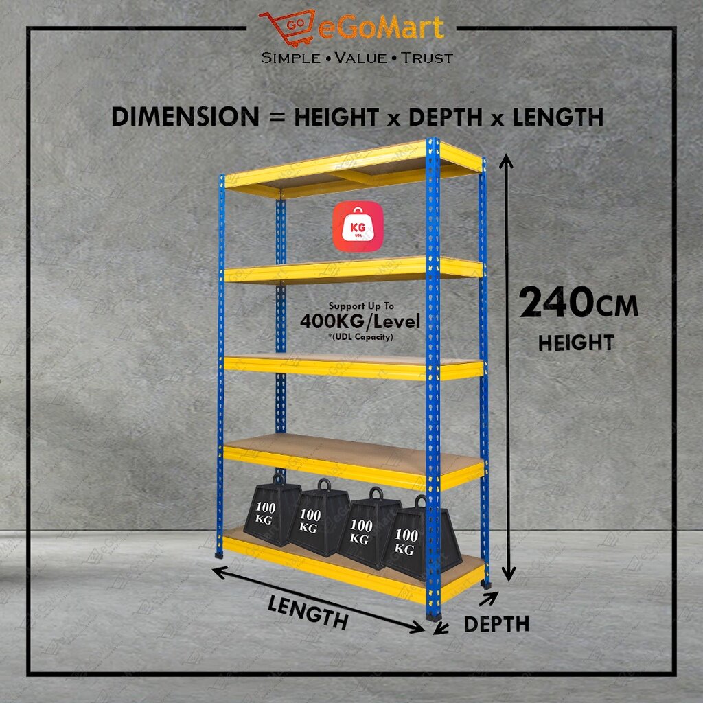 eGoMart [400KG / Level] 6ft 7ft 8ft 5 tiers boltless rack shelf rack ...