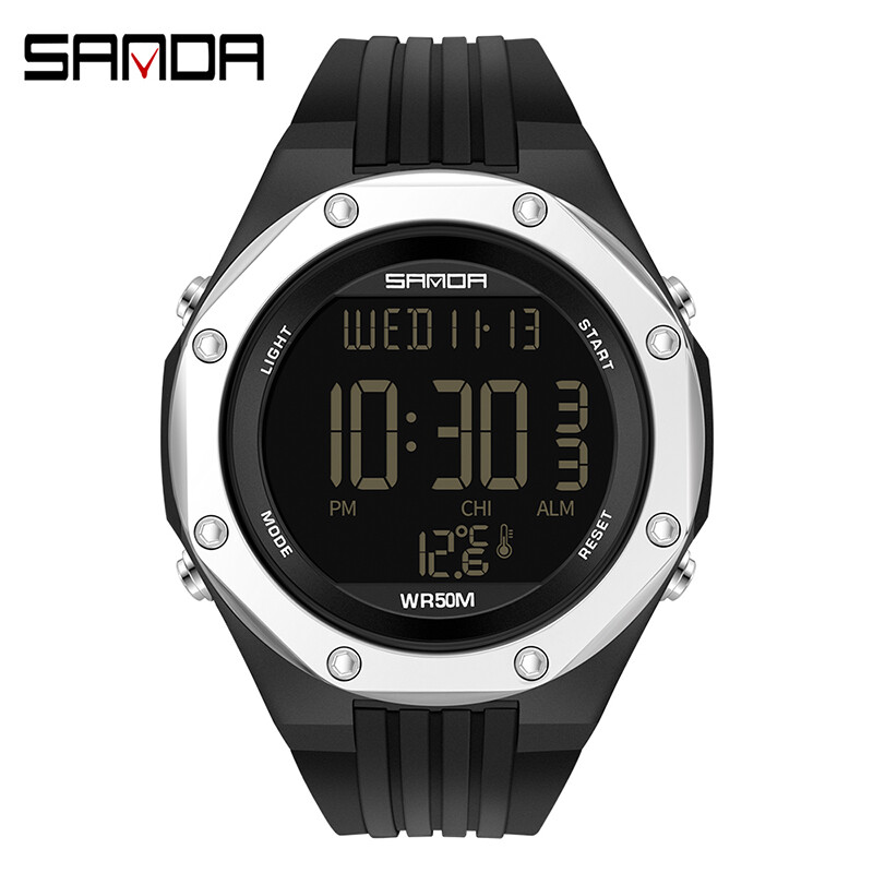 SANDA การวัดอุณหภูมินาฬิกาสปอร์ตผู้ชาย LED Multi-Function นาฬิกาข้อมือ ...