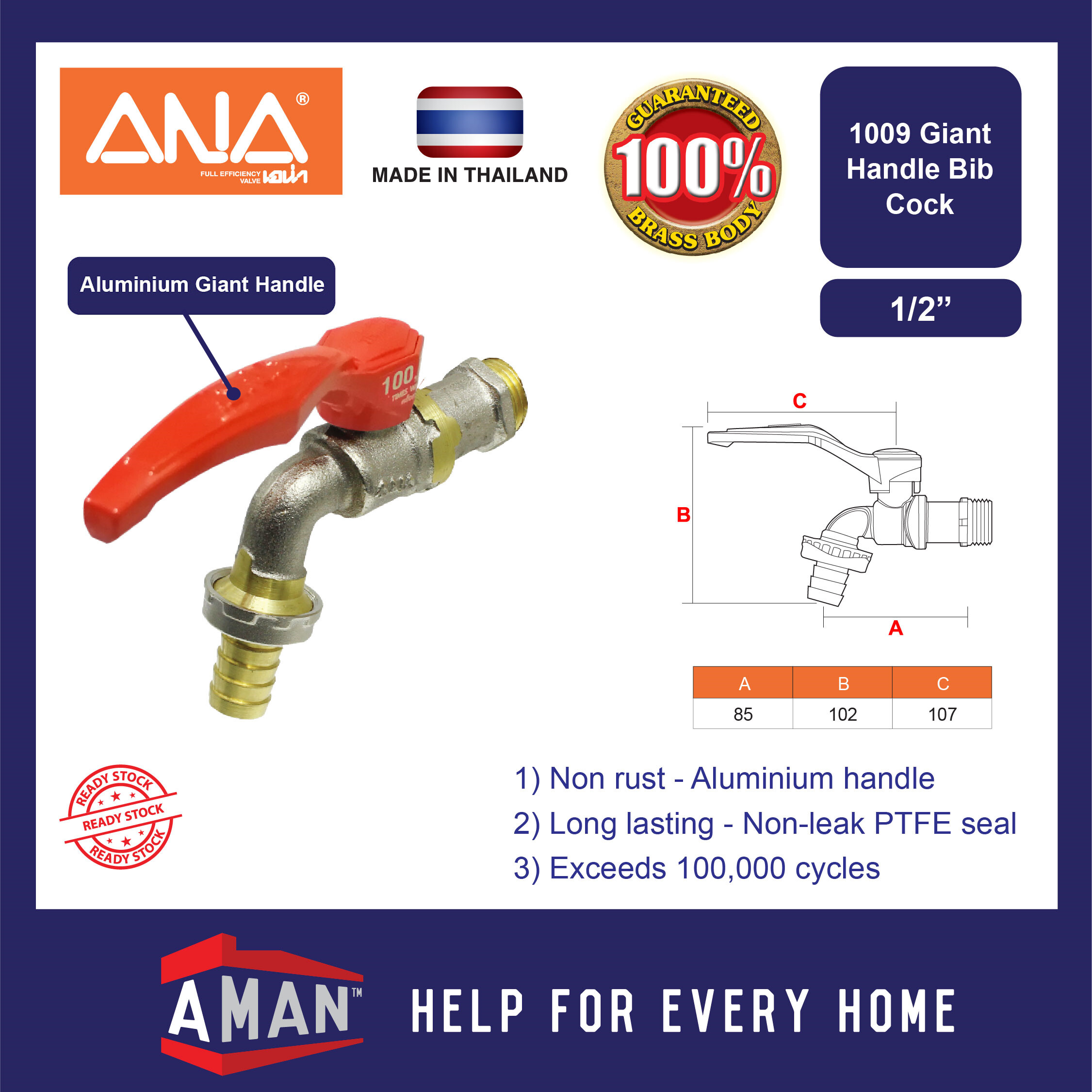ANA Lever Bibcock Ballcock Aluminium Handle Washing Machine Faucet Wall ...