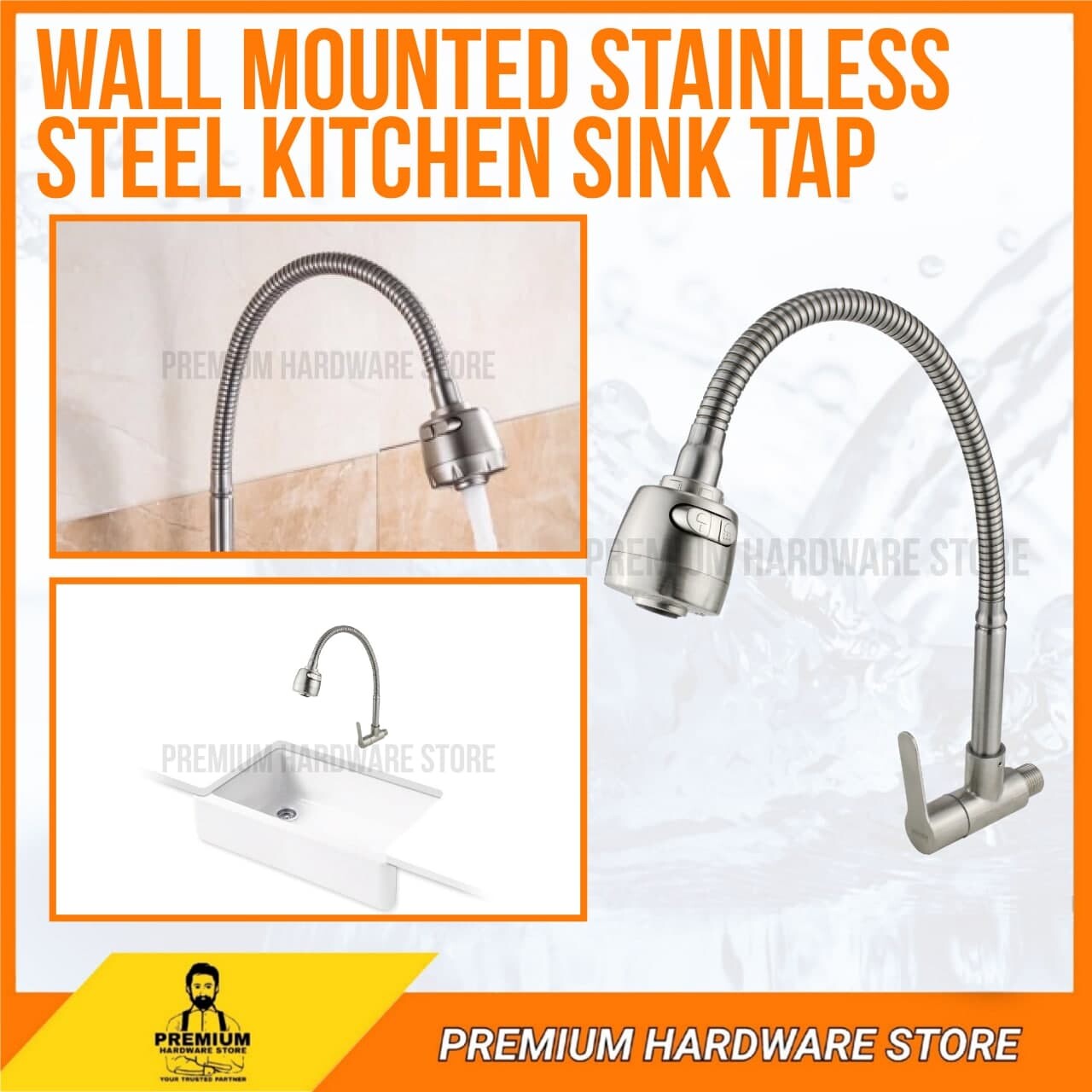 MOCHA Stainless Steel Flexible Hose Wall Mounted Kitchen Water Sink Tap ...